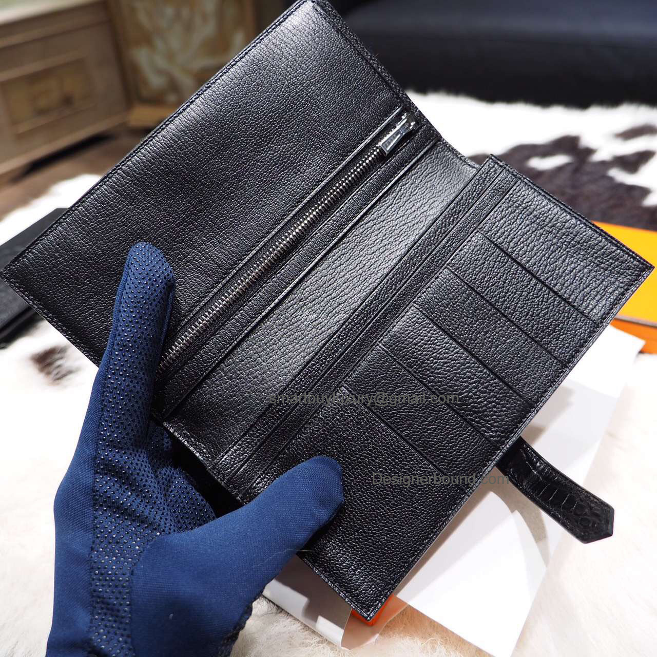 Replica Hermes Bearn Wallet Handmade in ck89 Noir Matte Croco Skin PHW