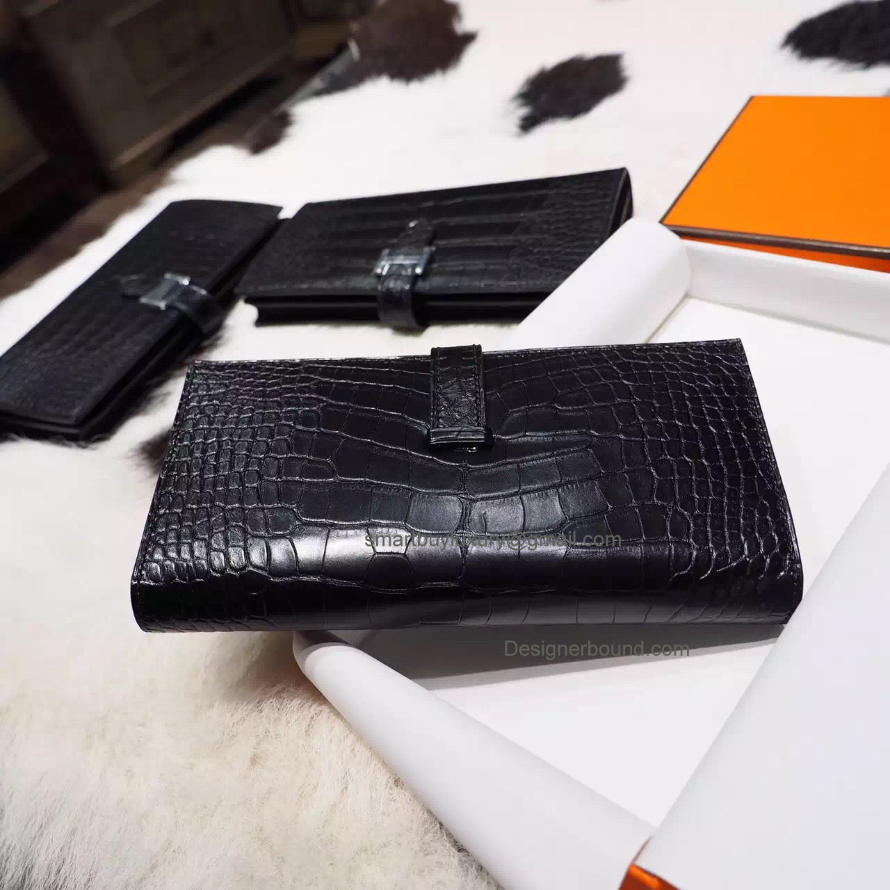 Replica Hermes Bearn Wallet Handmade in ck89 Noir Matte Croco Skin PHW