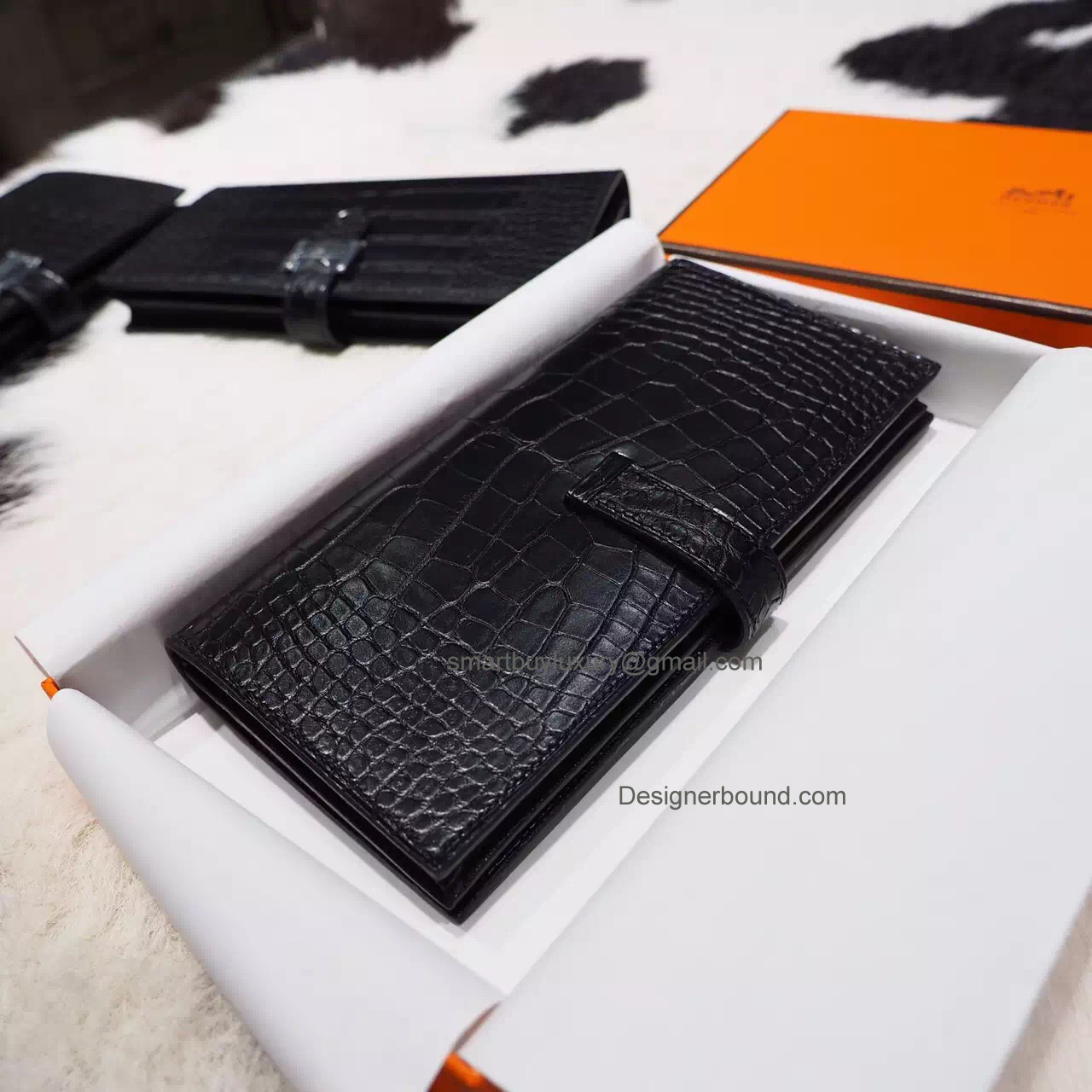 Replica Hermes Bearn Wallet Handmade in ck89 Noir Matte Croco Skin PHW