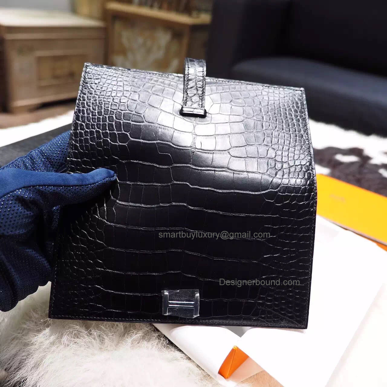 Replica Hermes Bearn Wallet Handmade in ck89 Noir Matte Croco Skin PHW